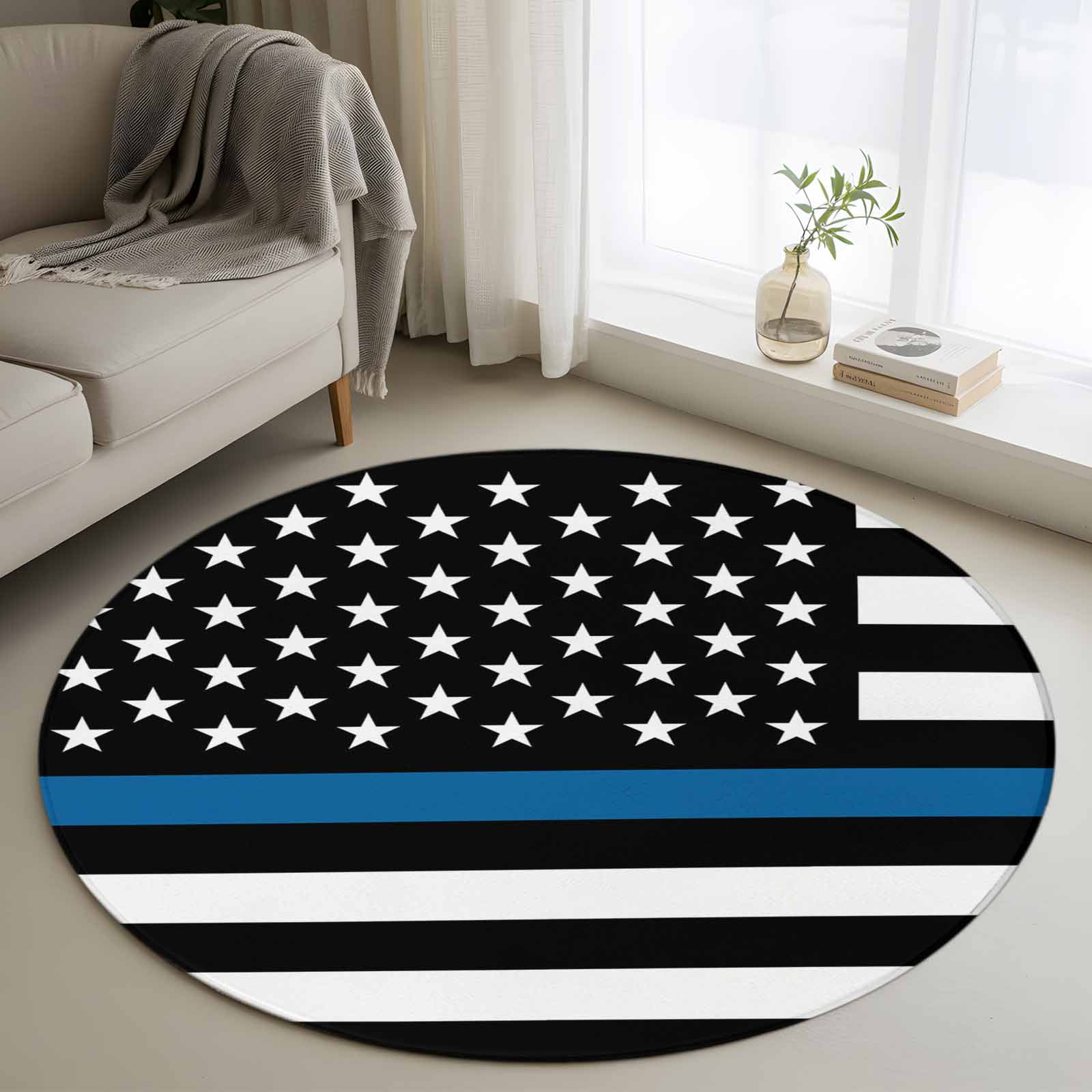 3ft Round Rug, Blue White American Police Flag Non-Skid Rubber Backing ...