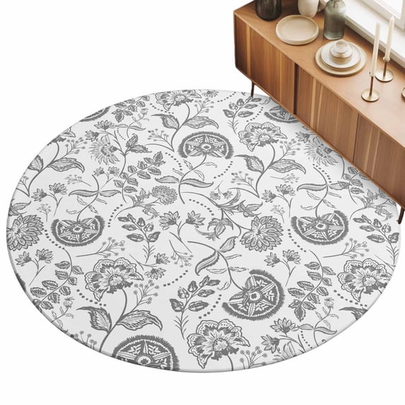 3ft Round Rug Boho Grey Floral Area Rugs for Living Room Bedroom ...