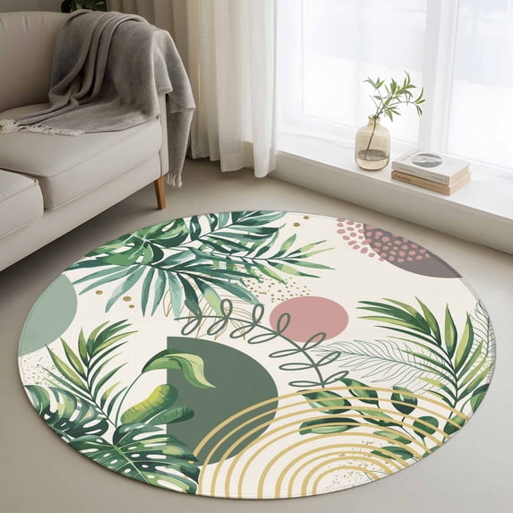 3ft Round Rug, Boho Tropical Non-Skid Rubber Backing Large Area Rugs ...