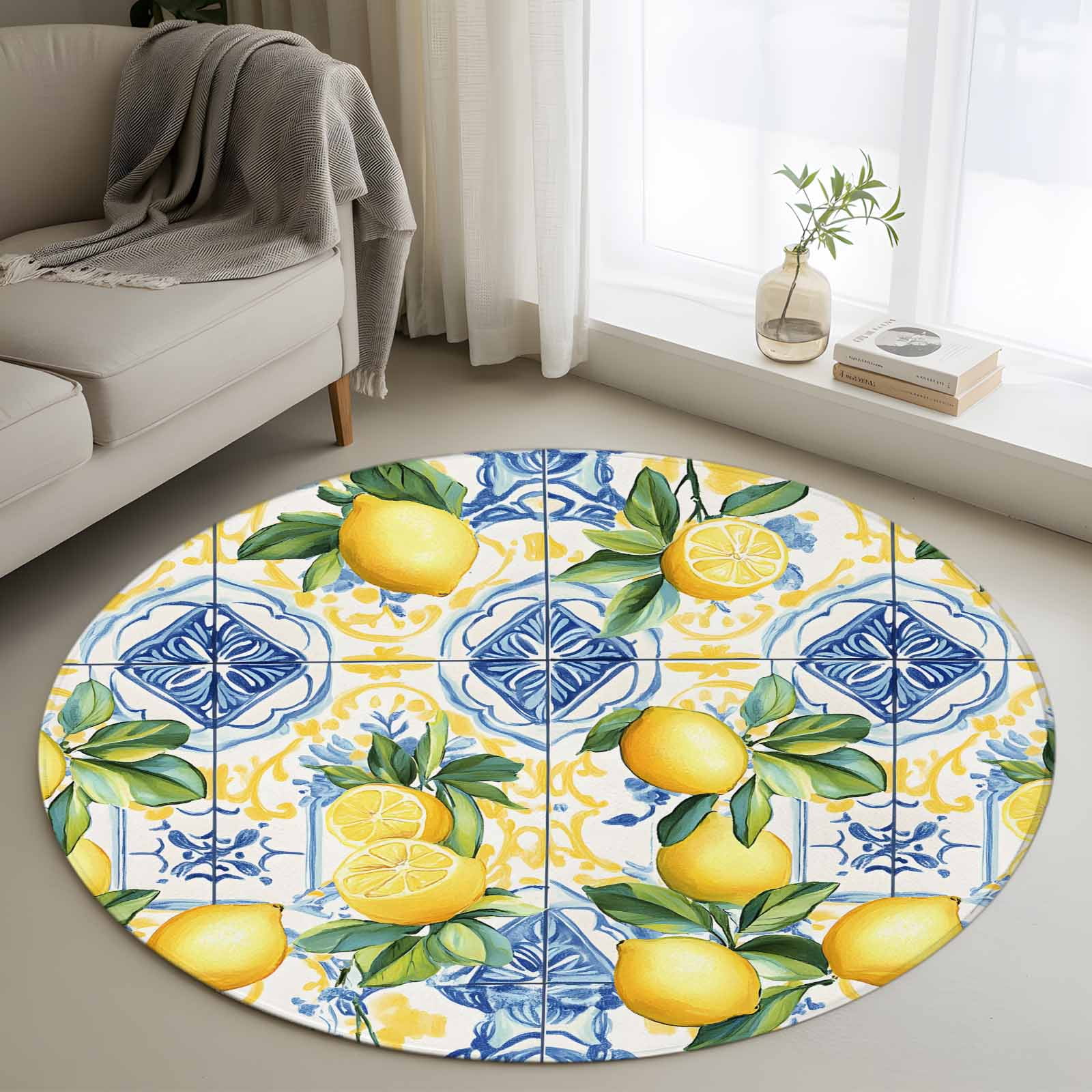 3ft Round Rug, Botanical Lemon Non-Skid Rubber Backing Large Area Rugs ...