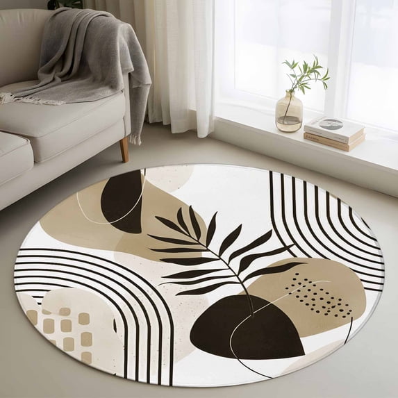 3ft Round Rug, Brown Boho Geometric Non-Skid Rubber Backing Large Area ...