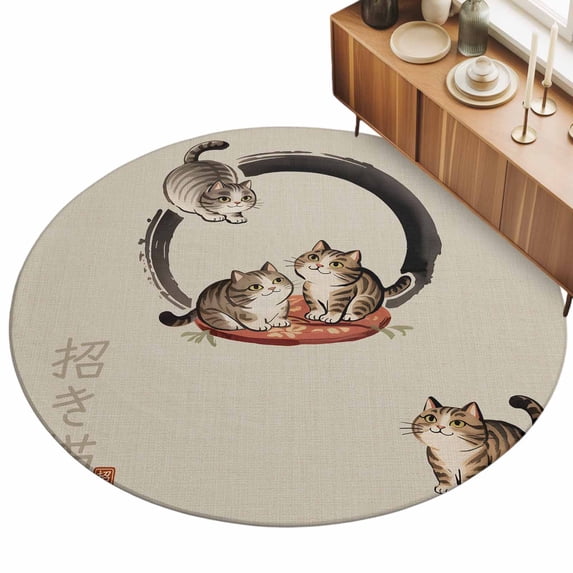 3ft Round Rug Brown Grey Cat Area Rugs for Living Room Bedroom Washable ...