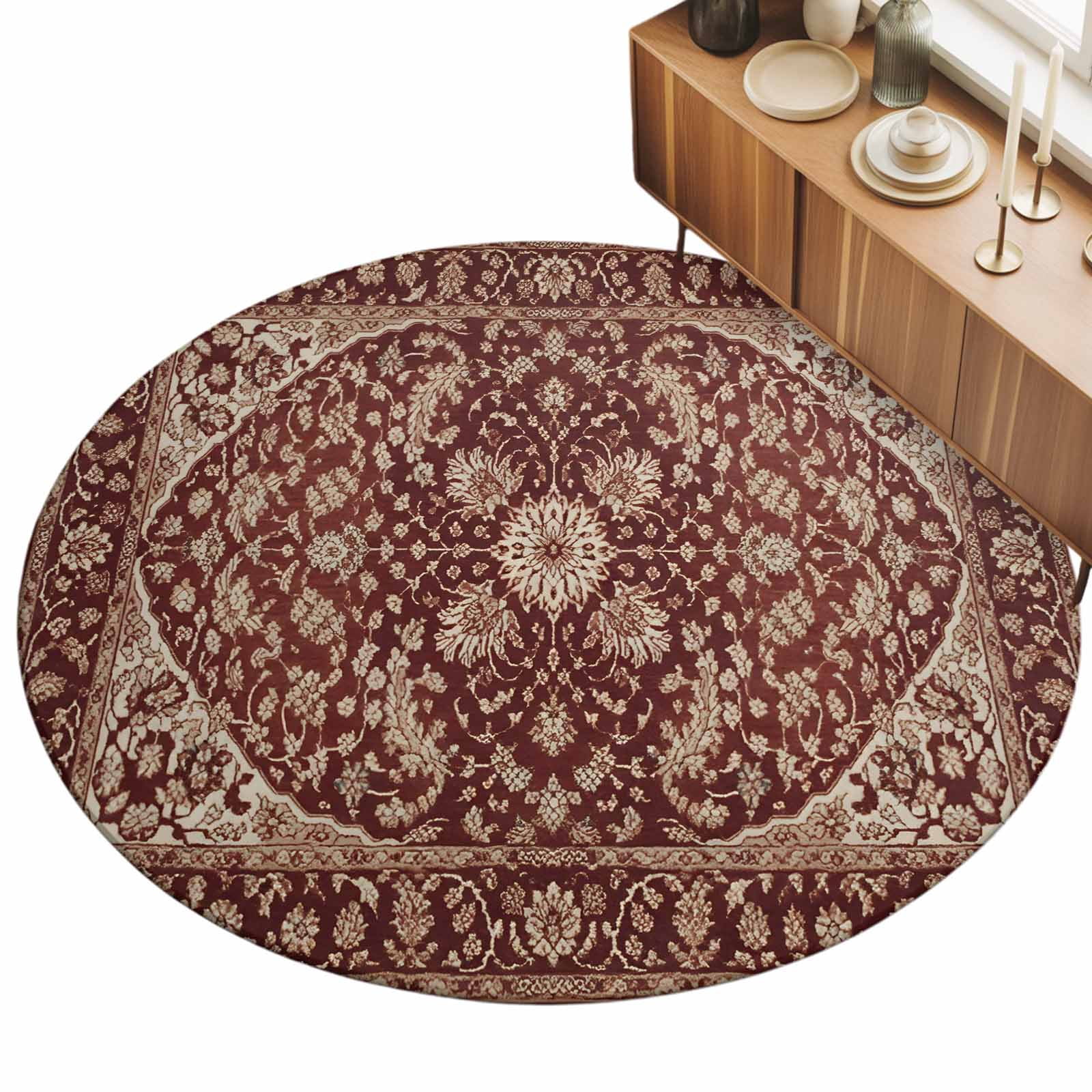 3ft Round Rug Brown Red Boho Area Rugs for Living Room Bedroom Washable ...