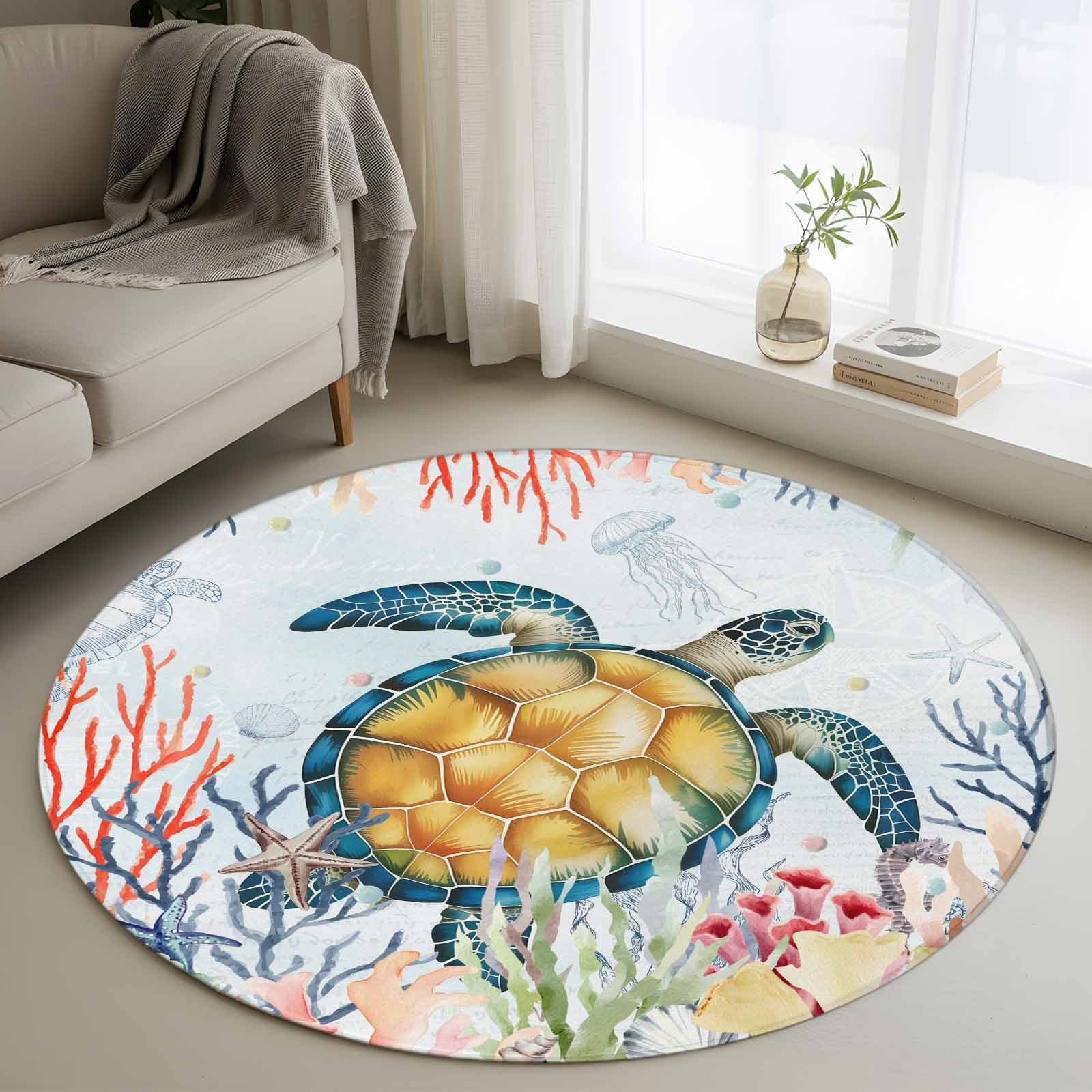 3ft Round Rug, Coastal Sea Turtle Non-Skid Rubber Backing Large Area ...