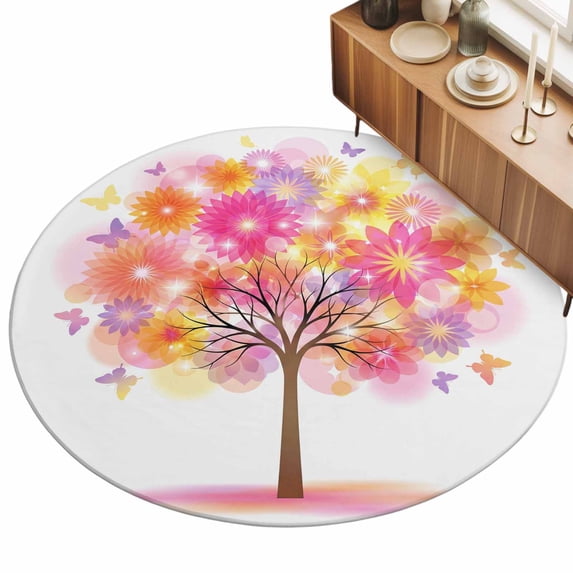 3ft Round Rug Colorful Flowers Tree Area Rugs for Living Room Bedroom ...