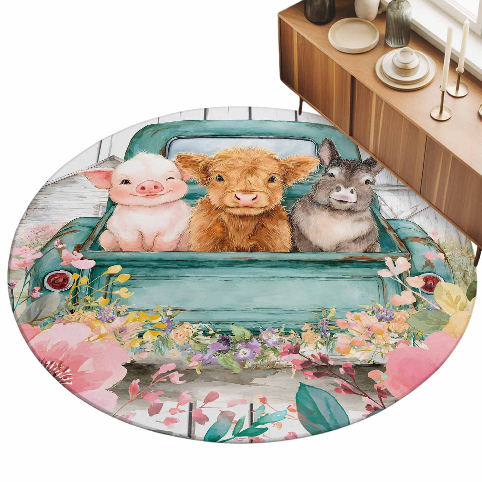 3ft Round Rug Cow Donkey Pig Area Rugs for Living Room Bedroom Washable ...