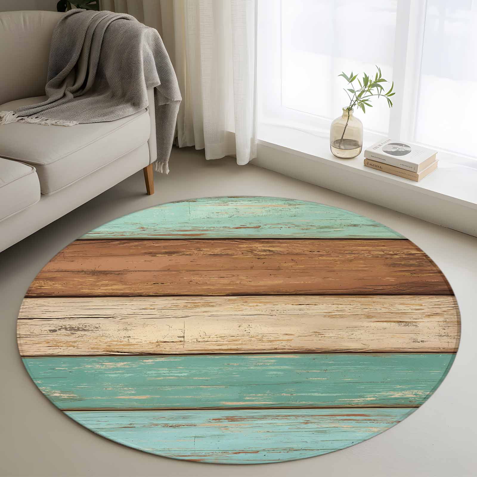 3ft Round Rug, Farmhouse Teal Blue Brown Non-Skid Rubber Backing Large ...