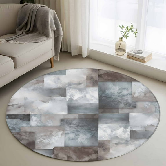 3ft Round Rug, Gray Geometric Non-Skid Rubber Backing Large Area Rugs ...