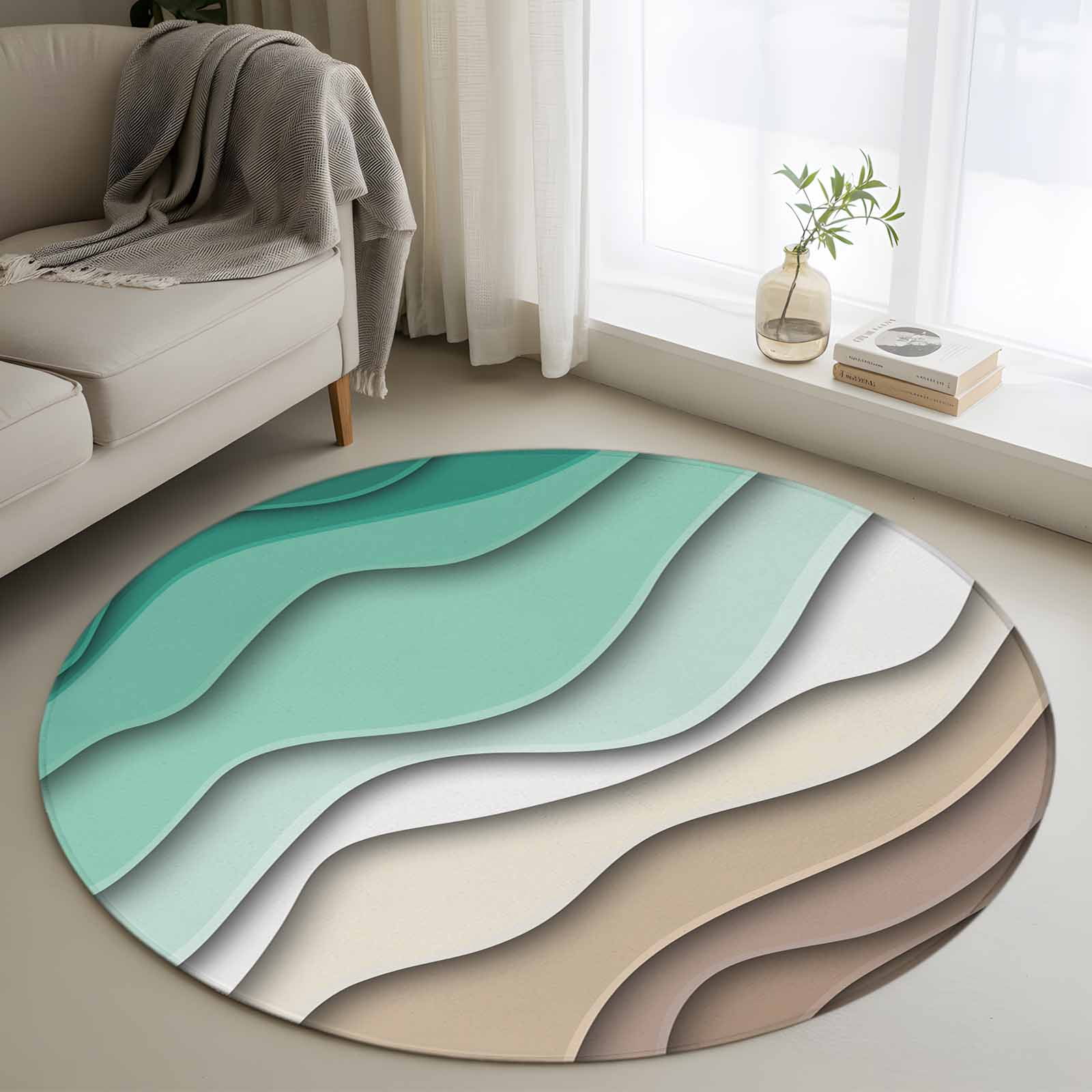 3ft Round Rug, Green Brown Ombre Non-Skid Rubber Backing Large Area ...