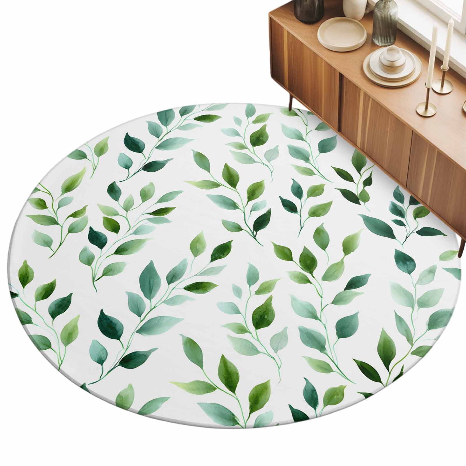 3ft Round Rug Green Leaves Area Rugs for Living Room Bedroom Washable ...