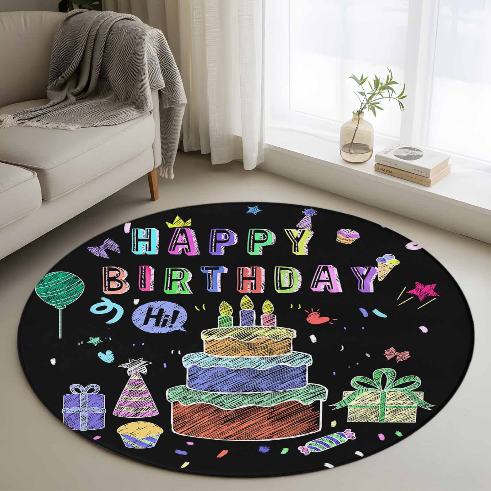 3ft Round Rug, Happy Birthday Non-Skid Rubber Backing Large Area Rugs ...