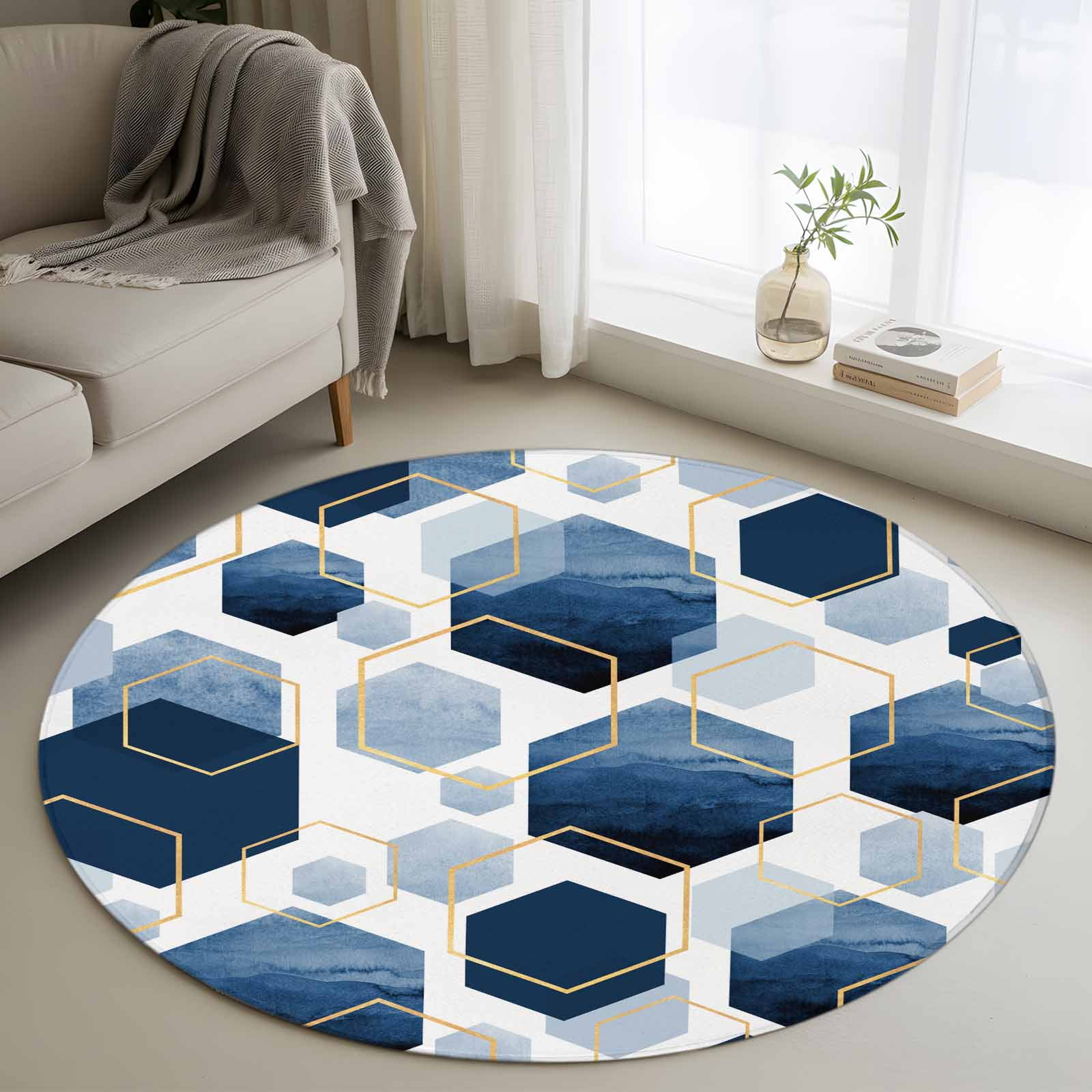 3ft Round Rug, Navy Blue Marble Non-Skid Rubber Backing Large Area Rugs ...