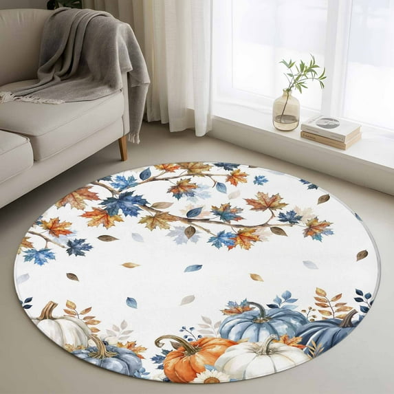 3ft Round Rug, Navy Blue Pumpkin Fall Non-Skid Rubber Backing Large ...