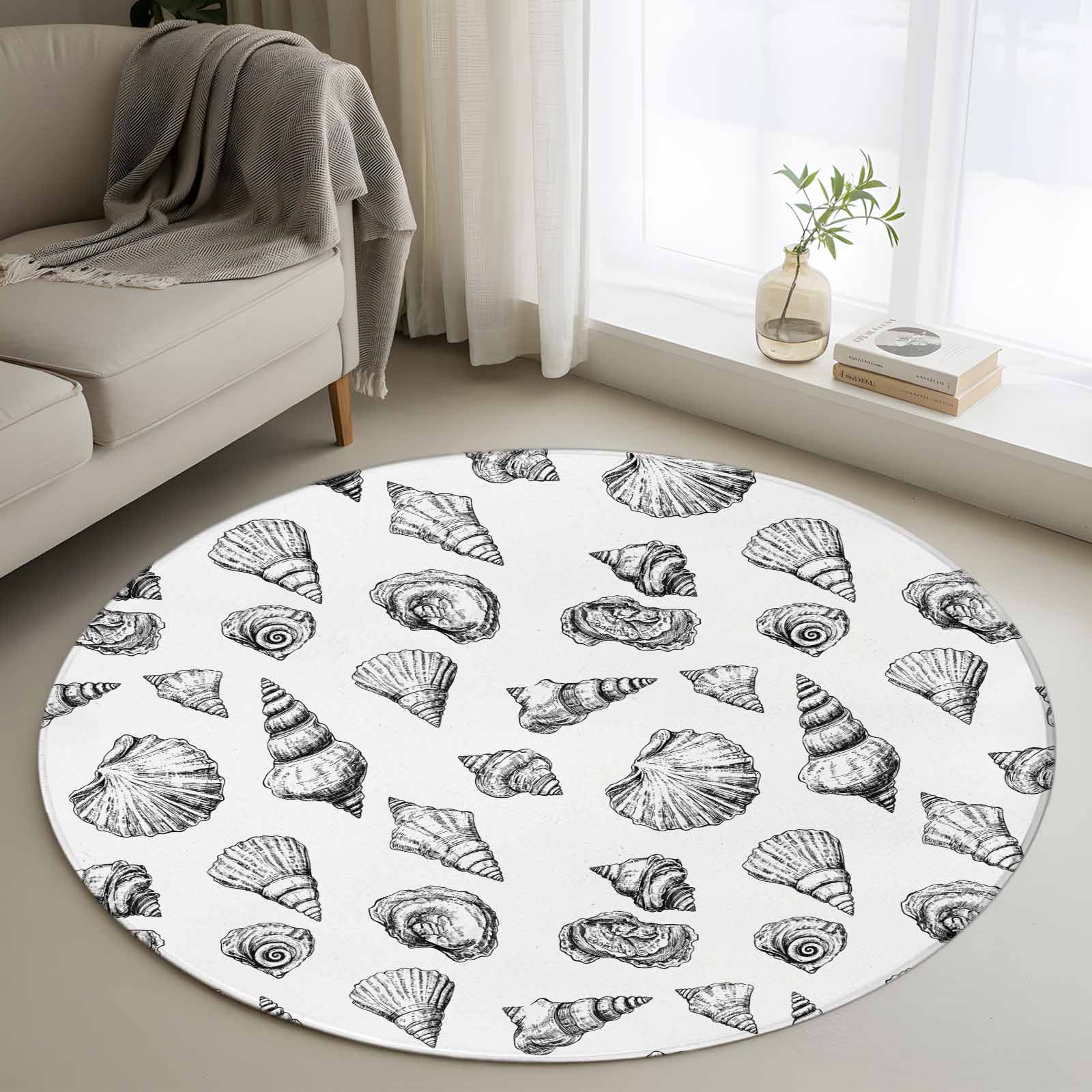 3ft Round Rug, Ocean Conch Nautilus Non-Skid Rubber Backing Large Area ...