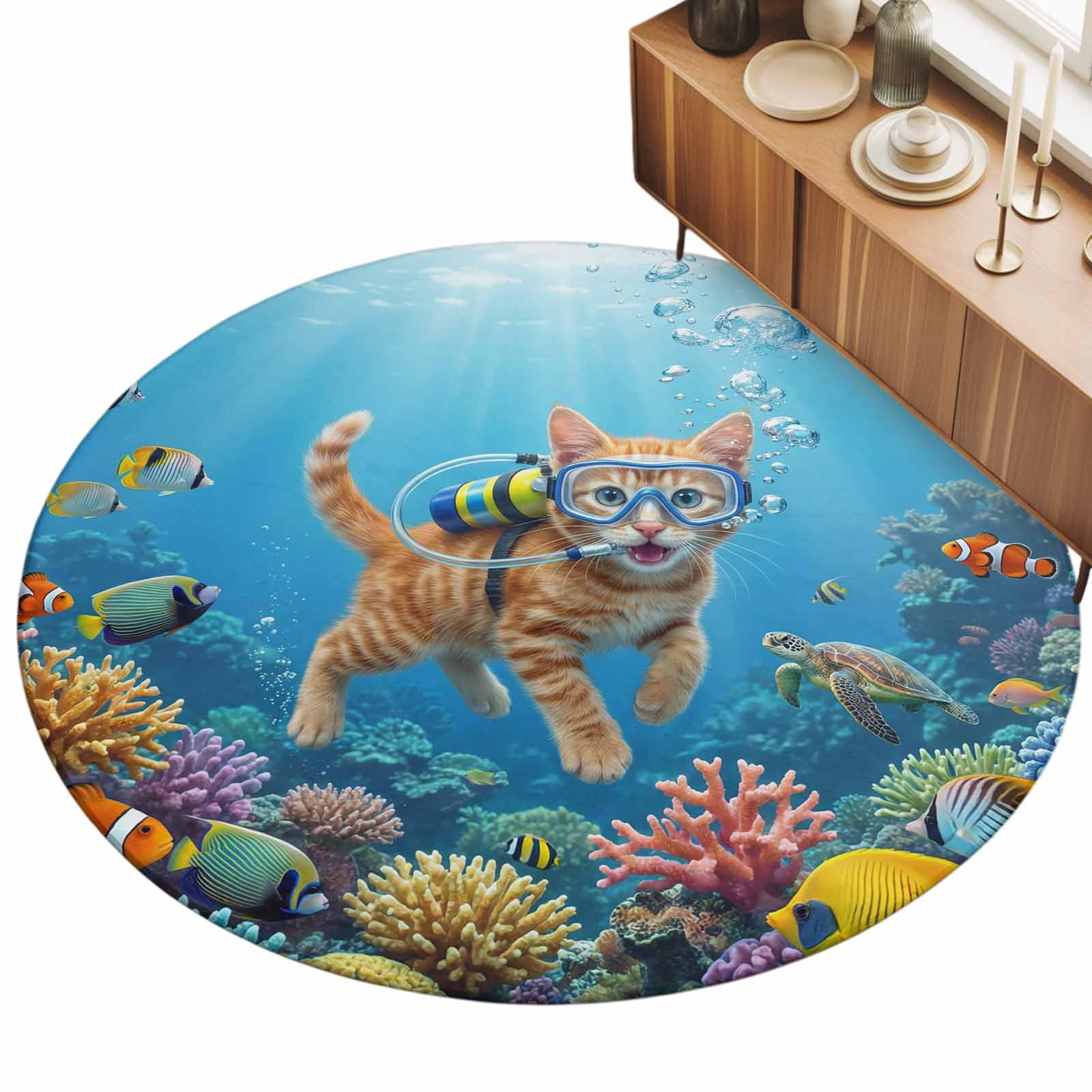 3ft Round Rug Ocean Diving Cat Area Rugs for Living Room Bedroom ...