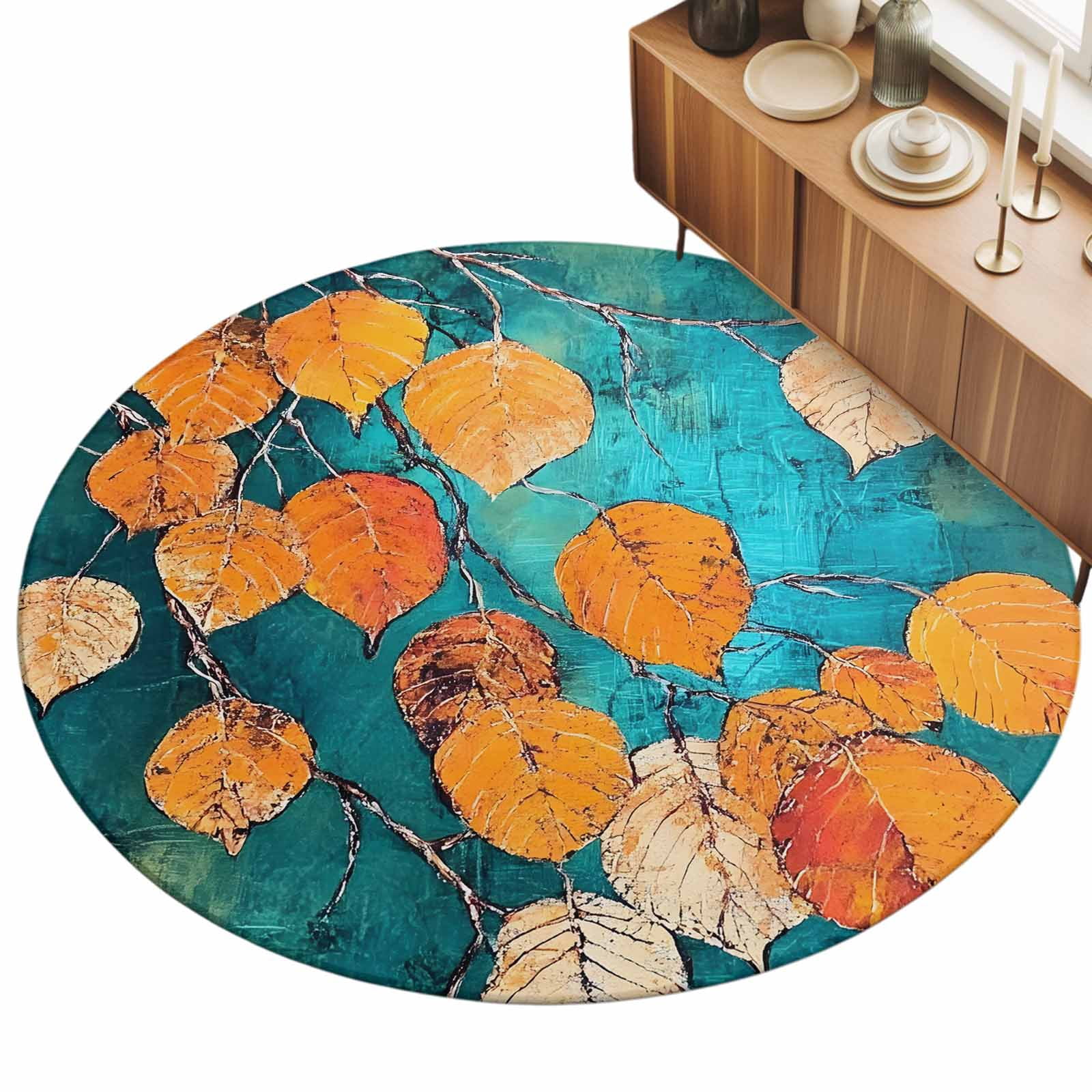 3ft Round Rug Orange Leaf Area Rugs for Living Room Bedroom Washable ...