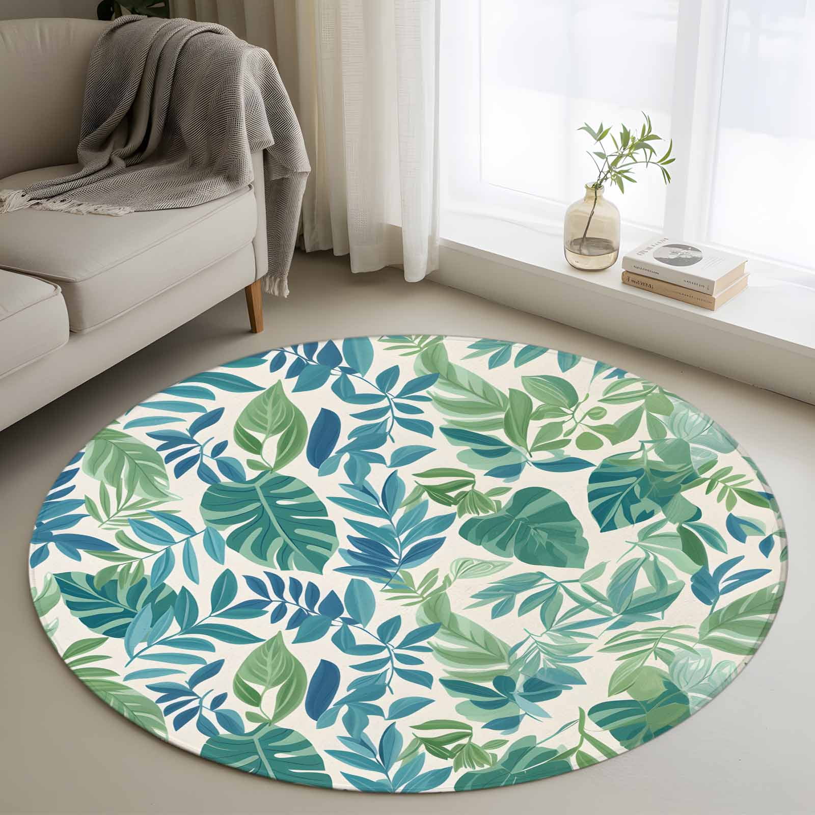 3ft Round Rug, Palm Leaves Non-Skid Rubber Backing Large Area Rugs ...