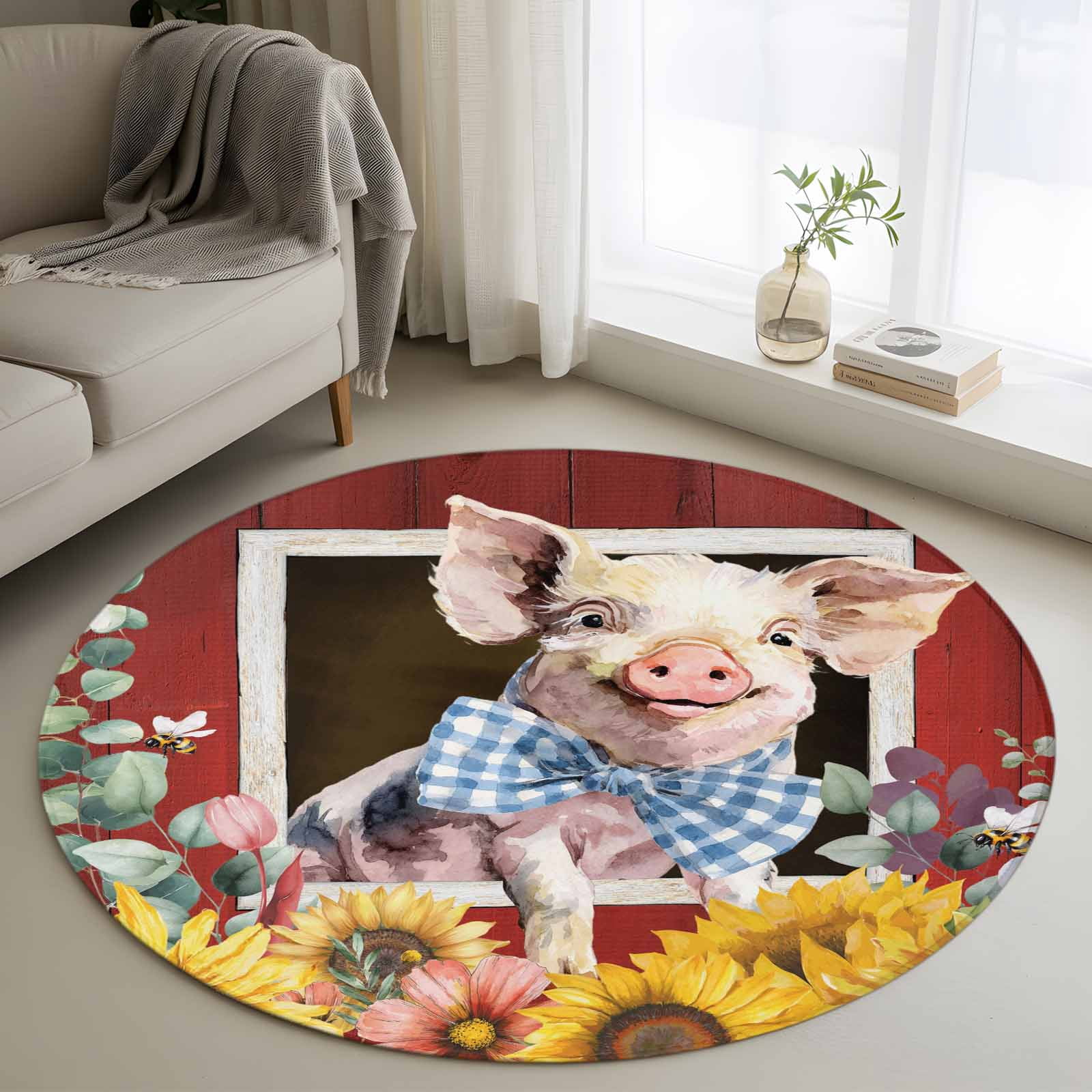 3ft Round Rug, Pig Sunflowers Non-Skid Rubber Backing Large Area Rugs ...