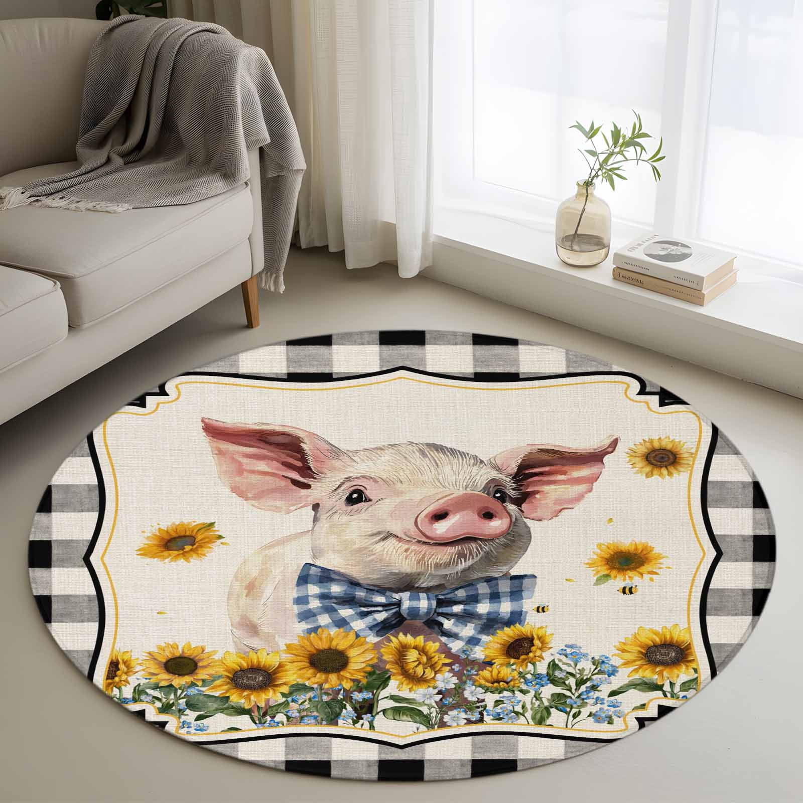 3ft Round Rug, Pig Sunflowers Non-Skid Rubber Backing Large Area Rugs ...
