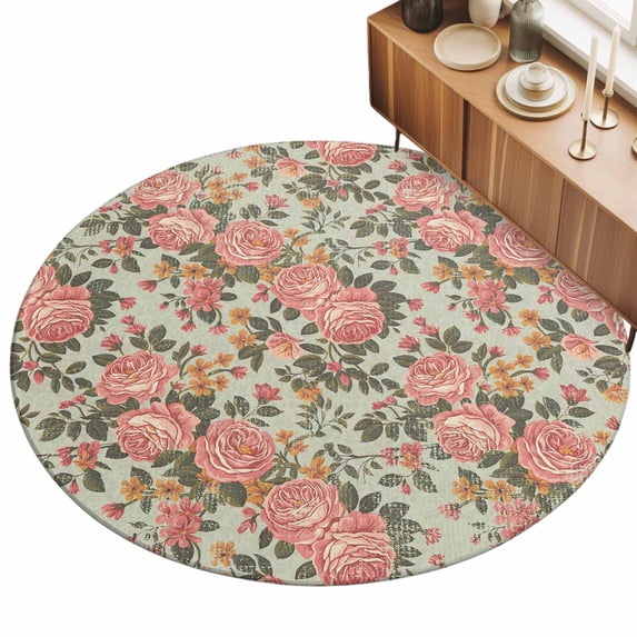 3ft Round Rug Pink Flowers Area Rugs for Living Room Bedroom Washable ...