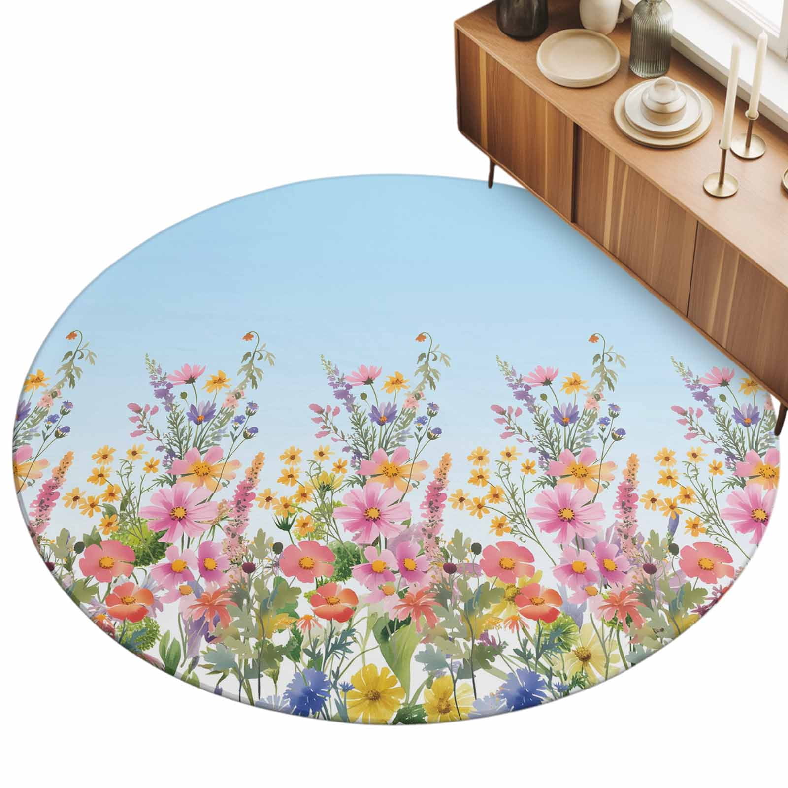 3ft Round Rug Pink Flowers Area Rugs for Living Room Bedroom Washable ...