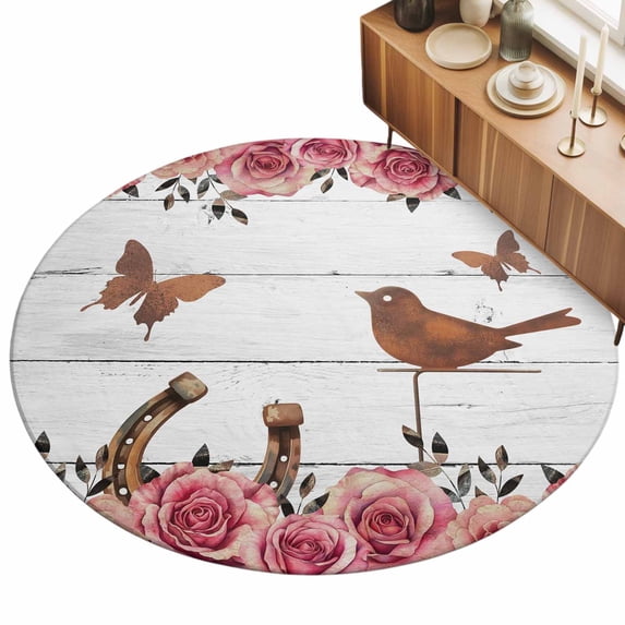3ft Round Rug Pink Roses Birds Area Rugs for Living Room Bedroom ...