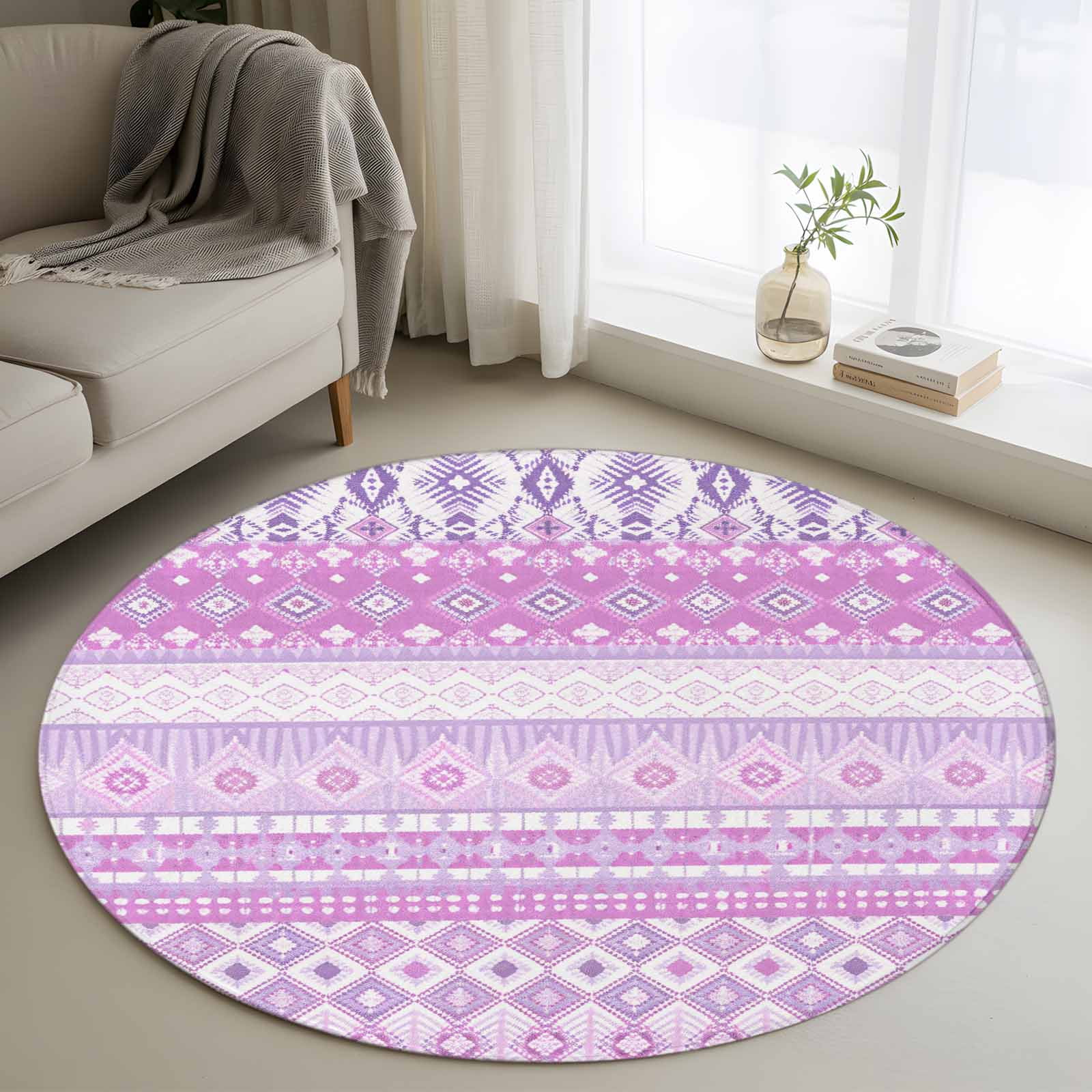 3ft Round Rug, Purple Pink Boho Non-Skid Rubber Backing Large Area Rugs ...