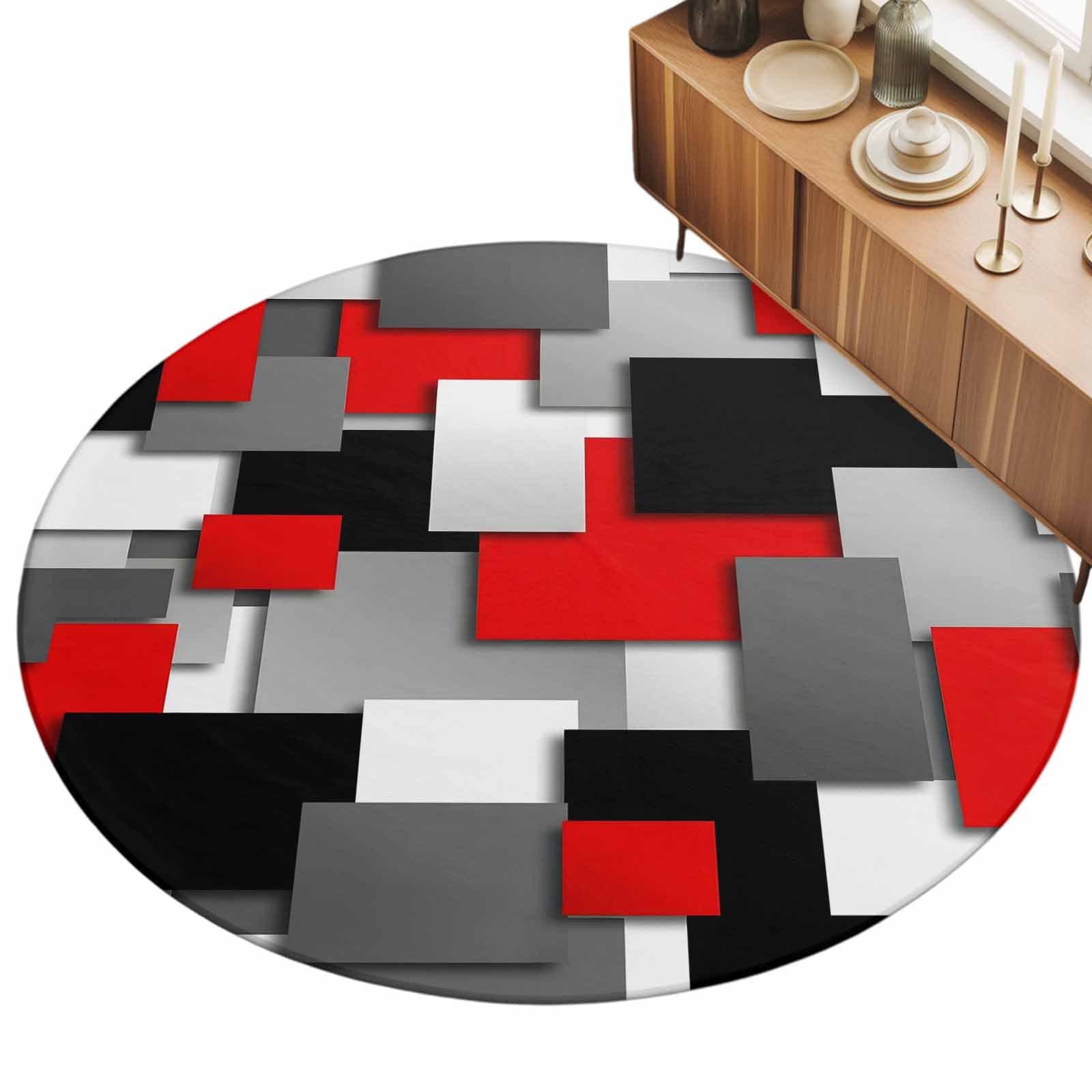 3ft Round Rug Red Black Geometric Area Rugs for Living Room Bedroom ...