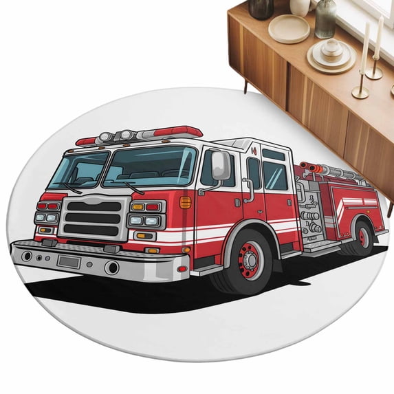 3ft Round Rug Red Fire Truck Area Rugs for Living Room Bedroom Washable ...