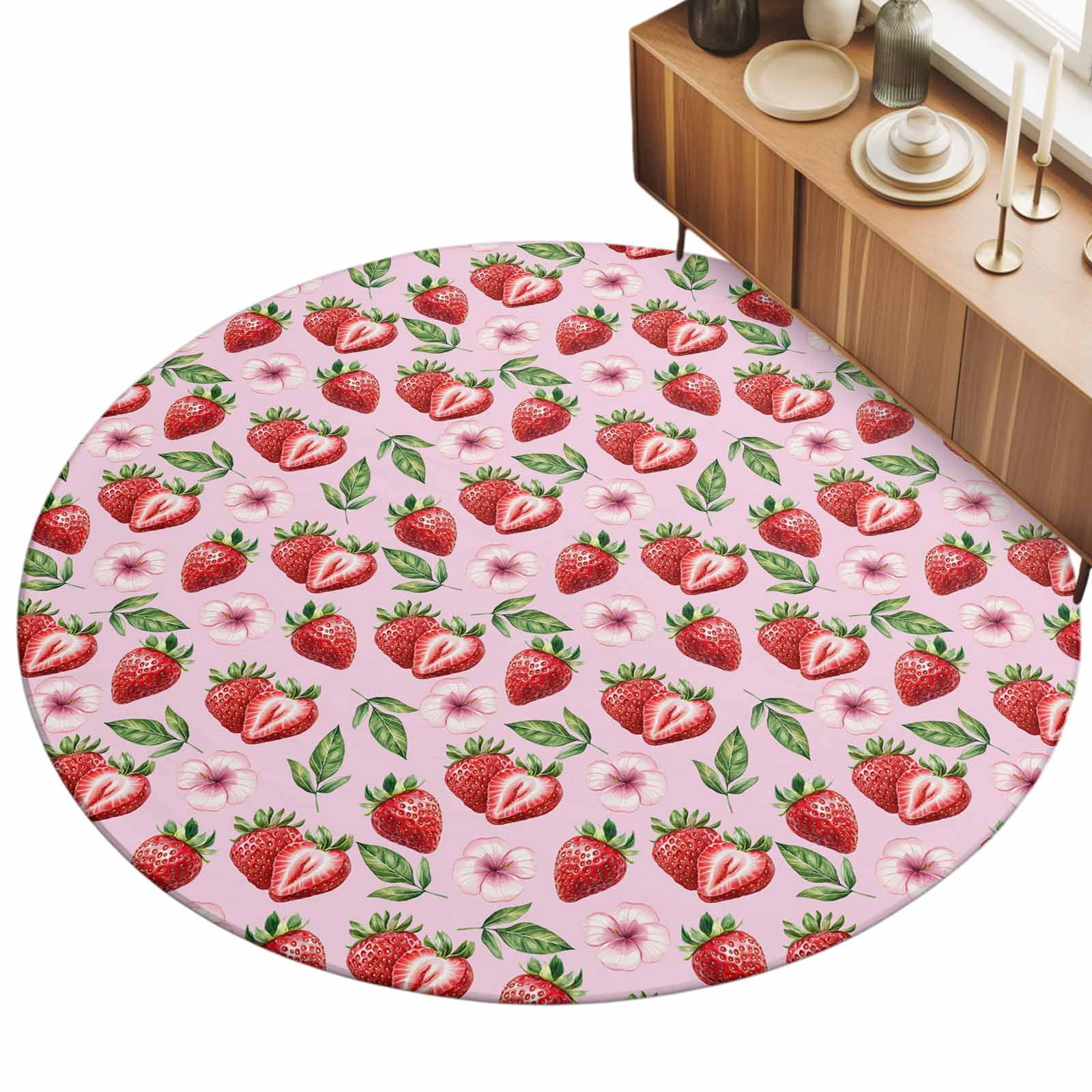 3ft Round Rug Red Strawberry Area Rugs for Living Room Bedroom Washable ...