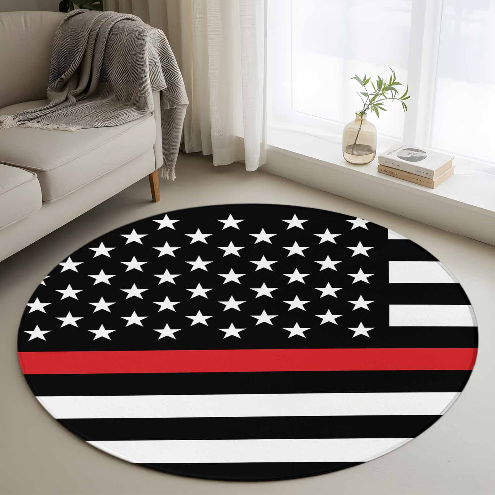3ft Round Rug, Red White Stripe Fireman American Flag Non-Skid Rubber ...