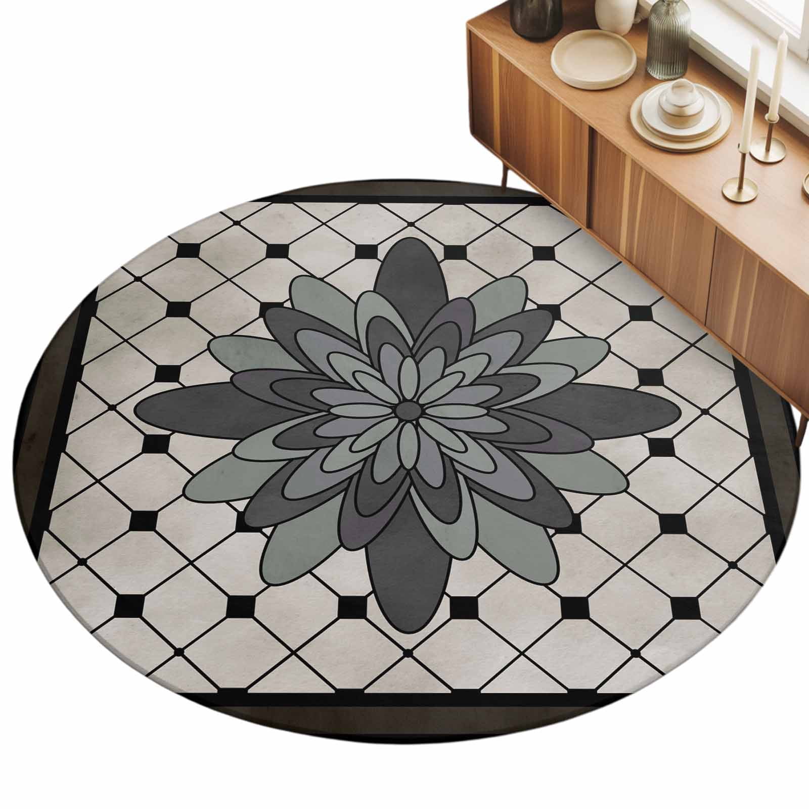3ft Round Rug Retro Flowers Area Rugs for Living Room Bedroom Washable ...