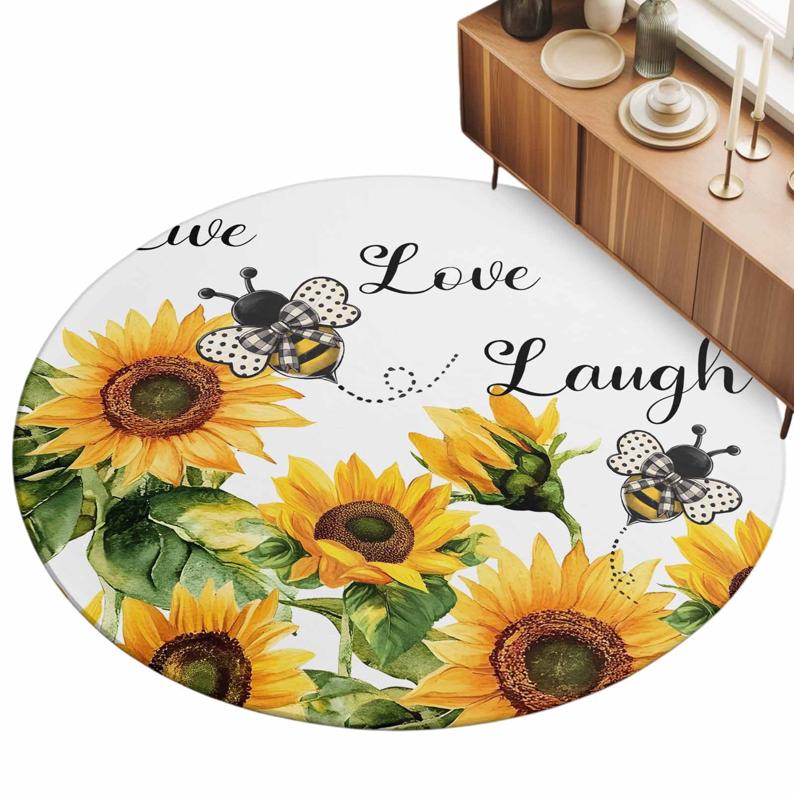 3ft Round Rug Sunflower Bee Area Rugs for Living Room Bedroom Washable ...
