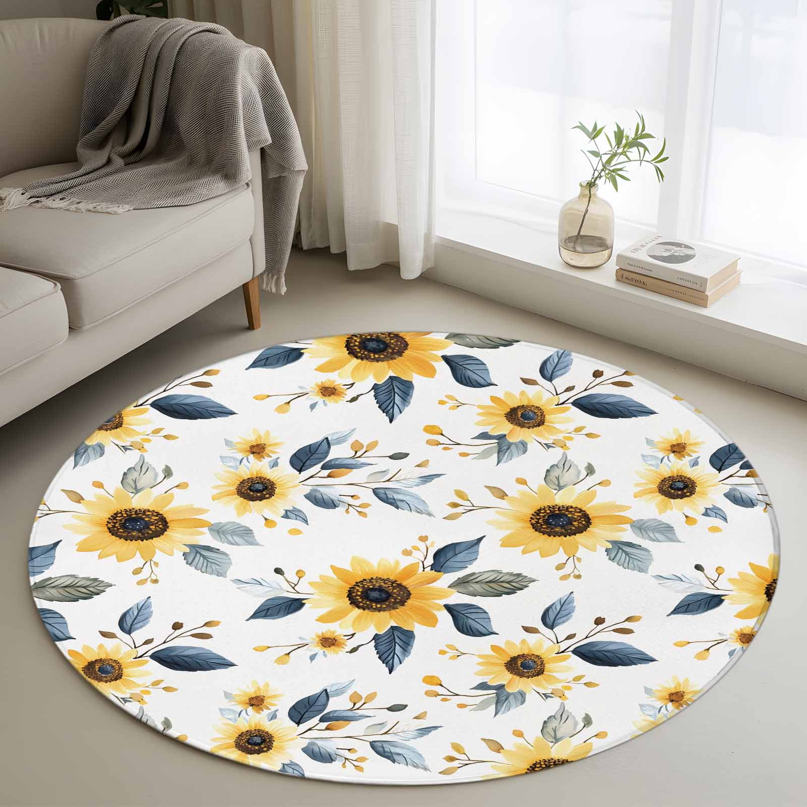 3ft Round Rug, Sunflower Non-Skid Rubber Backing Large Area Rugs ...