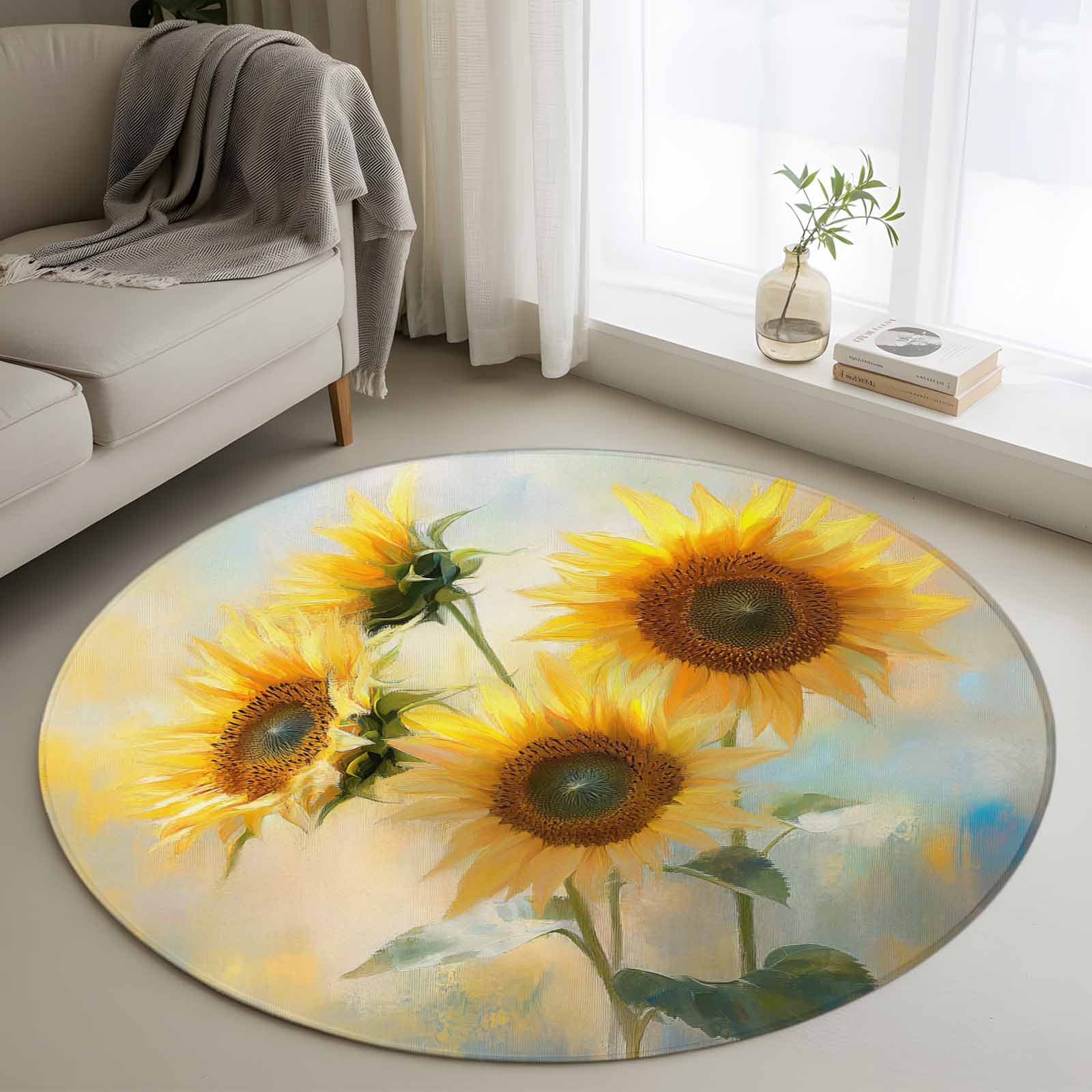 3ft Round Rug, Sunflower Non-Skid Rubber Backing Large Area Rugs ...