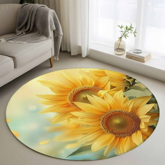 3ft Round Rug, Sunflower Non-Skid Rubber Backing Large Area Rugs ...
