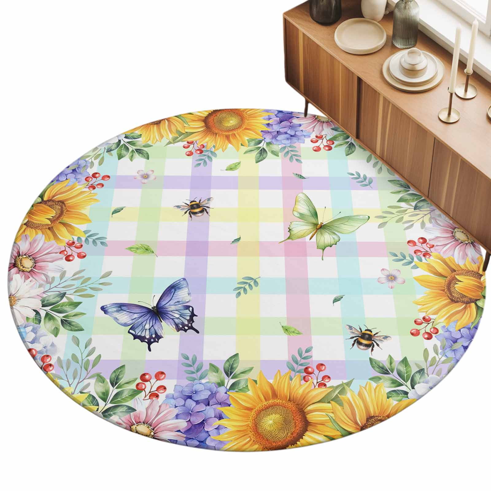 3ft Round Rug Sunflowers Area Rugs for Living Room Bedroom Washable Non ...