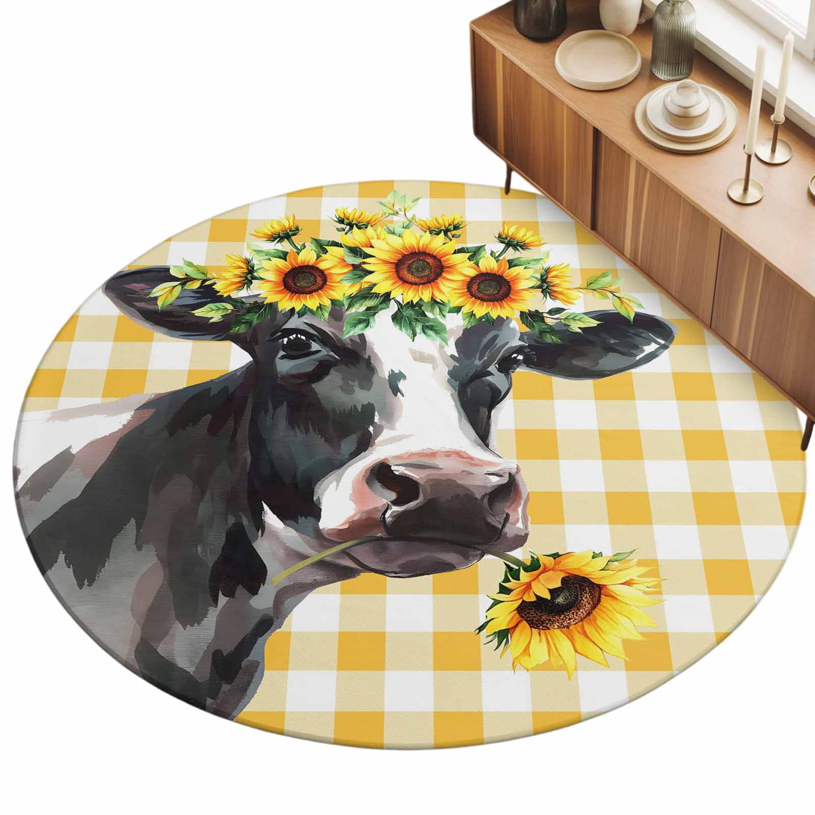 3ft Round Rug Sunflowers Cow Area Rugs for Living Room Bedroom Washable ...
