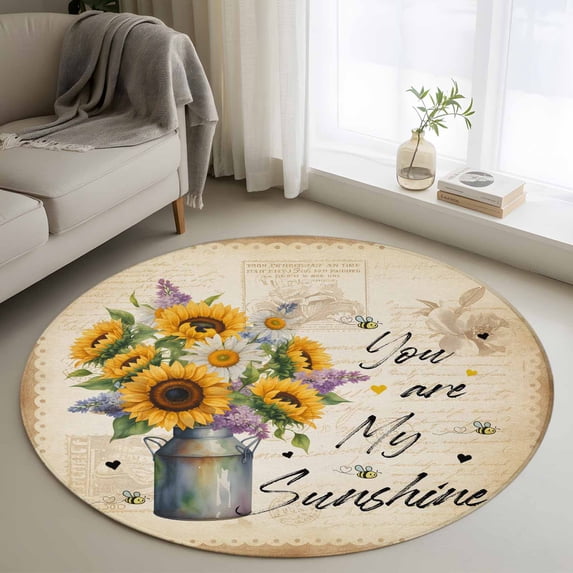3ft Round Rug, Sunflowers Non-Skid Rubber Backing Large Area Rugs ...