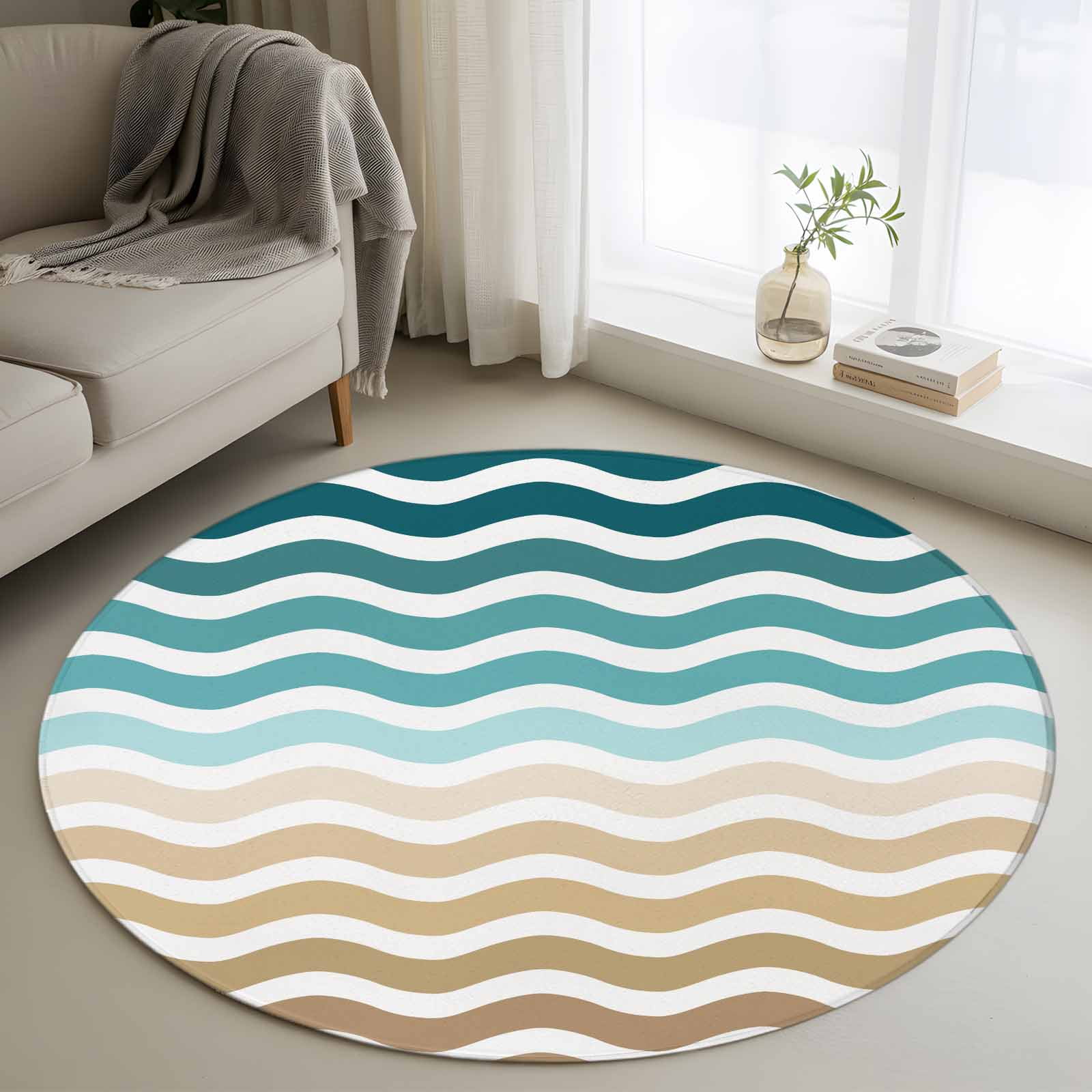 3ft Round Rug, Teal Brown Ombre Non-Skid Rubber Backing Large Area Rugs ...