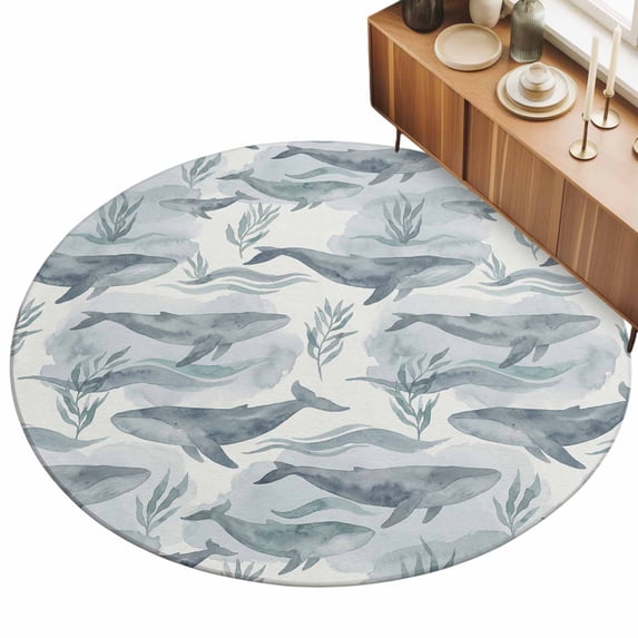 3ft Round Rug Teal Grey Whale Coastal Area Rugs for Living Room Bedroom ...