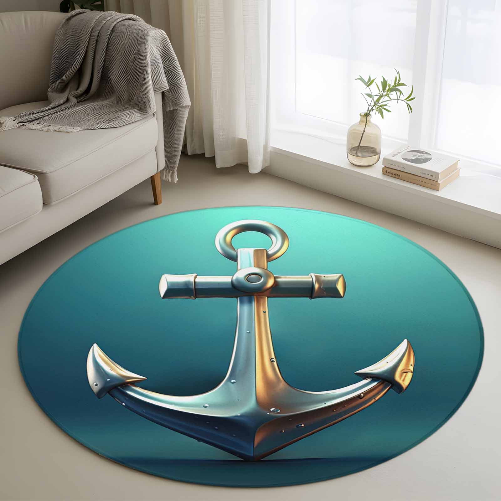 3ft Round Rug, Teal Ombre Anchor Non-Skid Rubber Backing Large Area ...