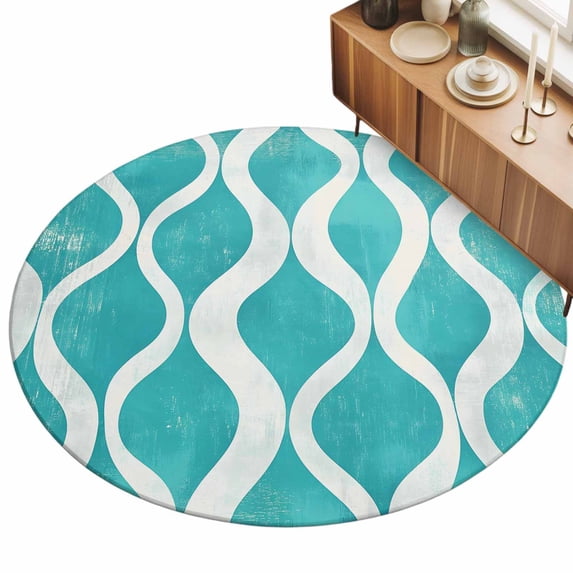 3ft Round Rug Teal Wave Area Rugs for Living Room Bedroom Washable Non ...