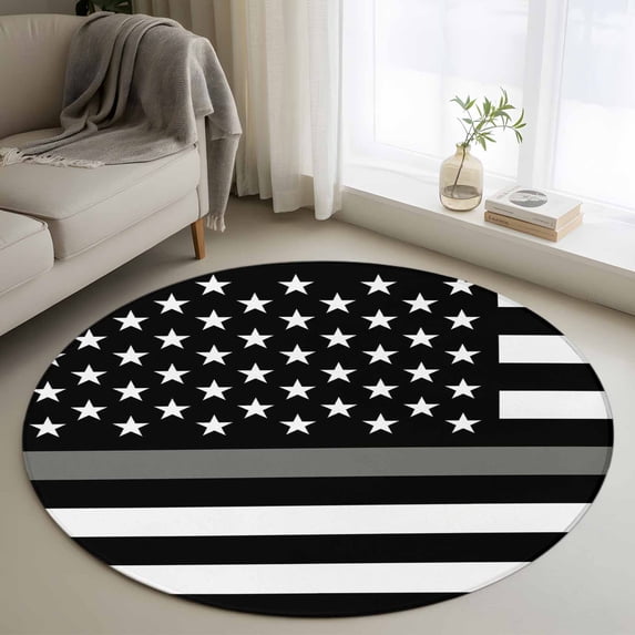 3ft Round Rug, Thin Grey White Line Non-Skid Rubber Backing Large Area ...