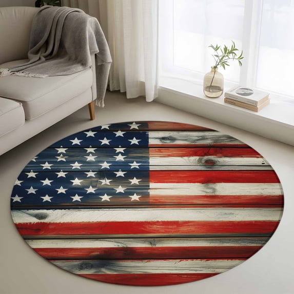 3ft Round Rug, Vintage American Flag Non-Skid Rubber Backing Large Area ...