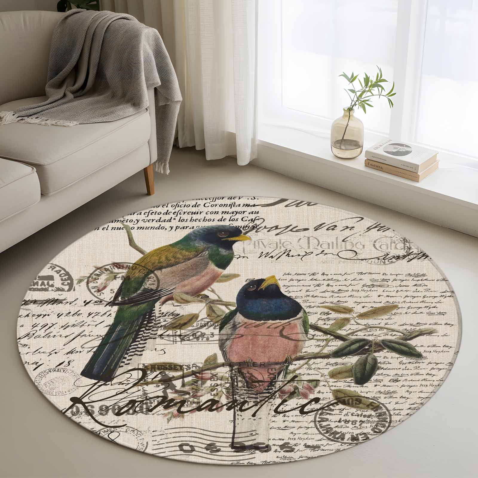 3ft Round Rug, Vintage Birds Non-Skid Rubber Backing Large Area Rugs ...