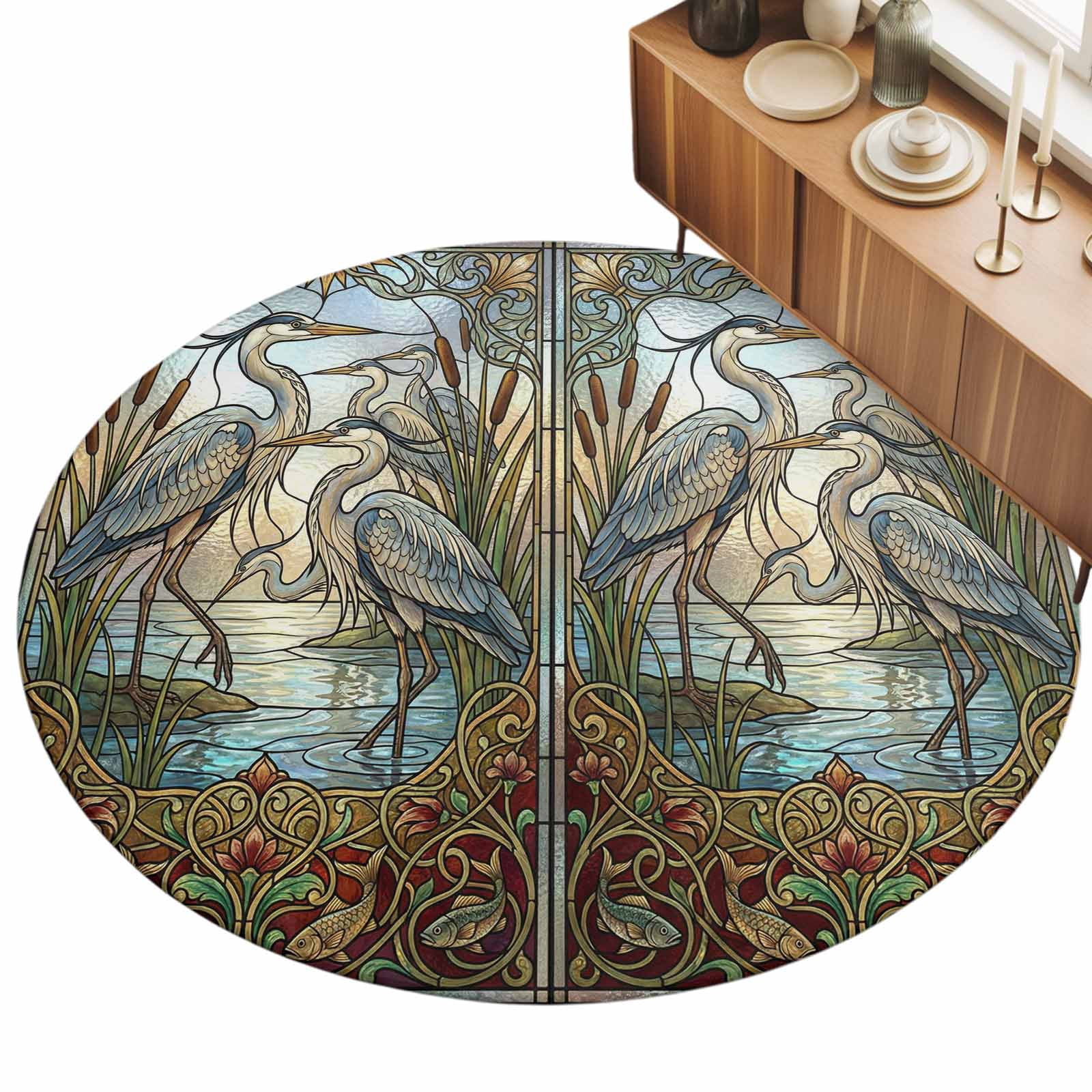 3ft Round Rug Vintage Cranes Area Rugs for Living Room Bedroom Washable ...