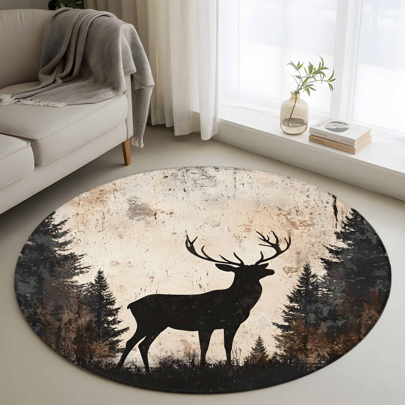 3ft Round Rug, Vintage Forest Deer Non-Skid Rubber Backing Large Area ...
