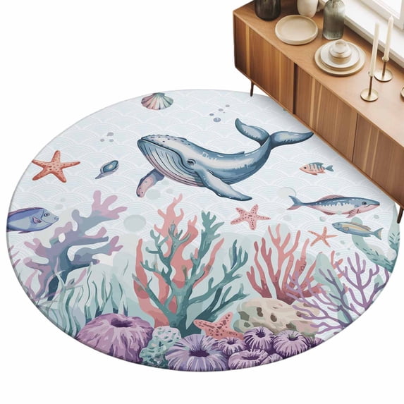 3ft Round Rug Whale Coastal Area Rugs for Living Room Bedroom Washable ...