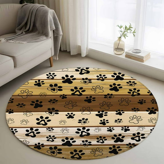 3ft Round Rug, Yellow Brown Farmhouse Non-Skid Rubber Backing Large ...